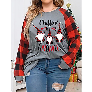 SECETKET Gnome Christmas Shirts for Women Plus Size Christmas Shirt Buffalo Plaid Long Sleeve Tee Holiday Xmas Tops(P5,XL)