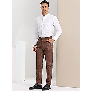 Lars Amadeus Men's Brown Plaid Dress Pants Straight Leg Flat Front Business Formal Checked Trousers 36