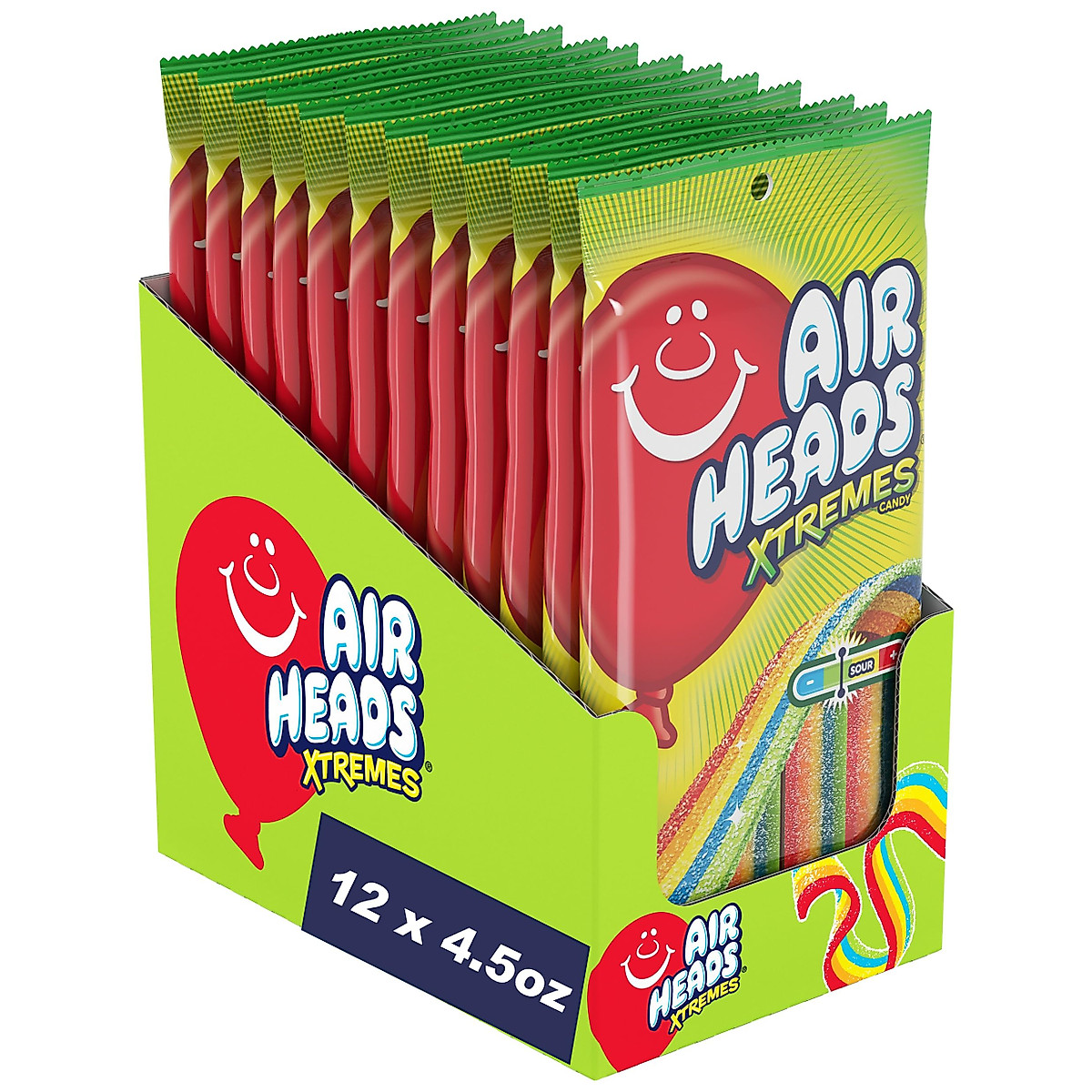 Airheads Xtremes Belts Sour Candy, Rainbow Berry, Non Melting, Bulk Party Bag, 4.5 oz (Pack of 12)