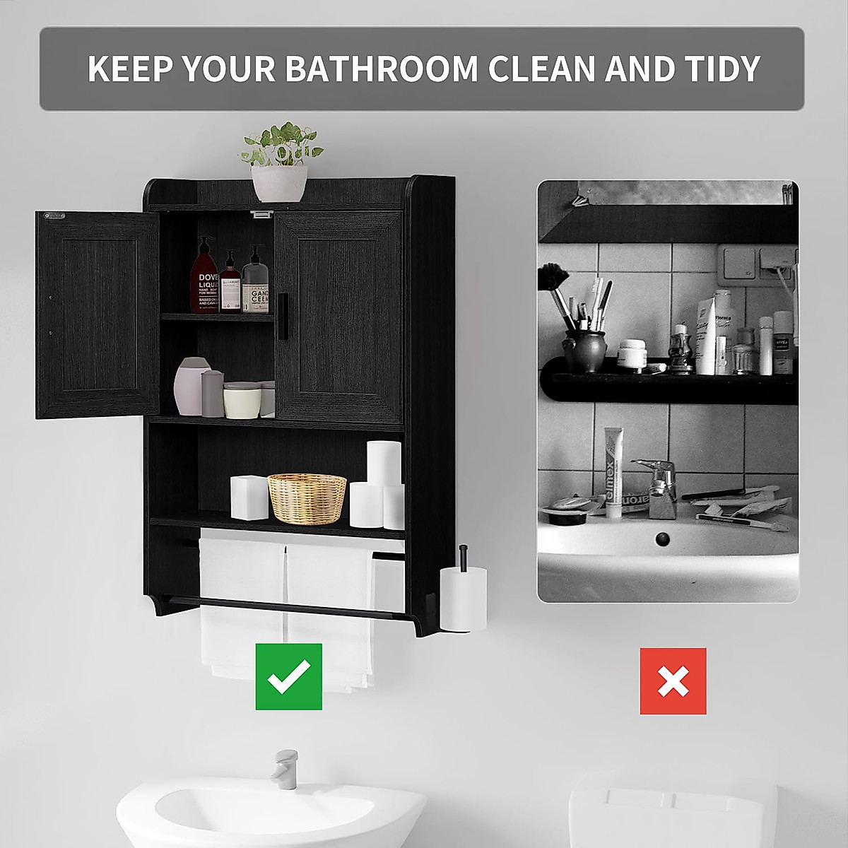 Bathroom Wall Cabinet, Wooden Medicine Cabinet Over the Toilet with Adjustable Inner Shelf, Wall Mounted Cabinet with Doors for Bathroom Storage, Hanging Cabinet for Wall with Towels Bar (Black)