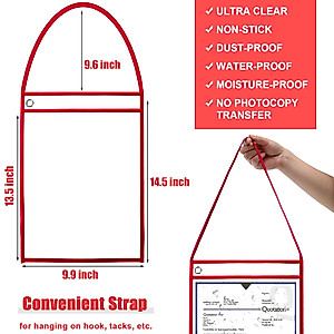 50 Pack Job Ticket Holders Work Order Holder Pockets for 9 x 12 Inch Hanging Sleeve Plastic Shop Ticket Holders with Strap, Both Sides Clear(Red)