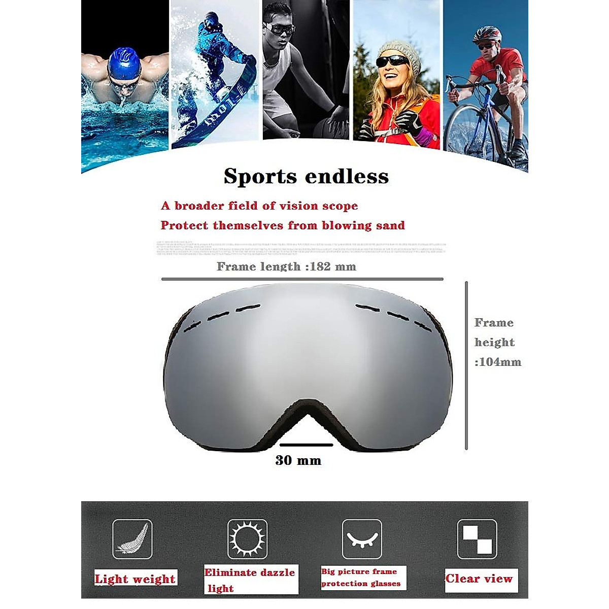 LETSP Ski Goggles Anti-Fog and Sand-Proof Large Spherical Glasses Adult Mountaineering Snow Goggles Motorcycle Goggles Dirt Bike ATV Tactical Riding Goggles(Black Frame Gray Lens)