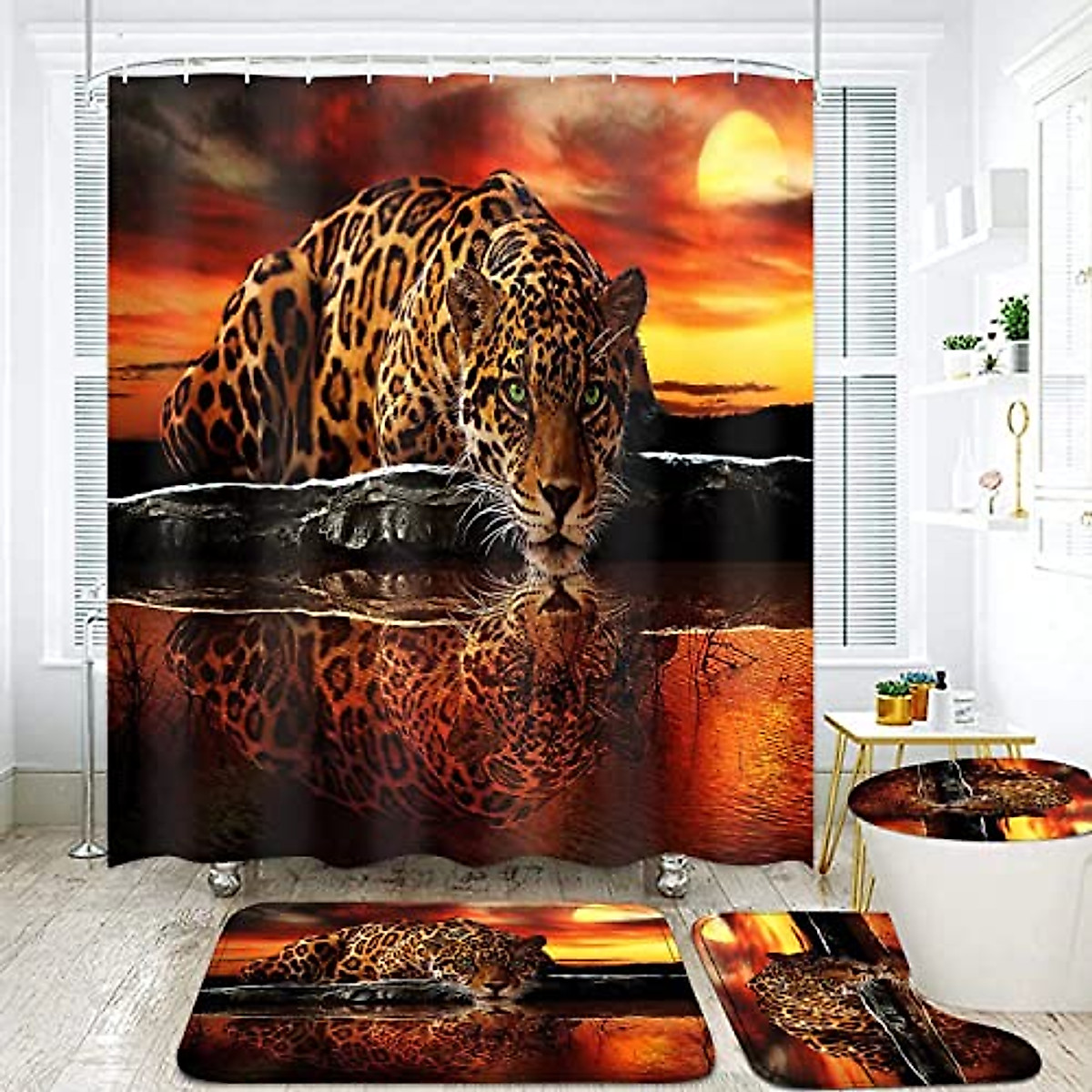 UFFAE 4 Pcs Leopard Cheetah Shower Curtain Set with Rugs, Toilet Lid Cover, Bath Mat,Waterproof African Animal Print Bathroom Decor Sets Accessories with 12 Hooks