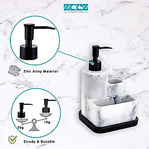 ZCCZ White Soap Dispenser with Sponge Holder, Kitchen Soap Dispenser Pump, Sponge Caddy and Brush Holder 3 in 1 Set Organizer for Sink Countertop, Removable Tray, Marble Look