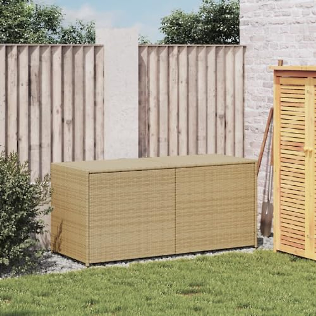 GOLINPEILO 74.8 Gal Outdoor Storage Box, Patio Rattan Deck Box, Wicker Storage Bin Deck Box, Poly Rattan Patio Storage Chest with Hinged Lid for Cushions, Pillows, 47.2"x19.7"x22" Mix Beige