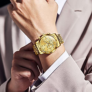 OLEVS Mens Watches Luxury Dress Stainless Steel Chronograph Gold Watches for Men Waterproof Date Analog Quartz Luminous Men's Wrist Watches Relojes para Hombres