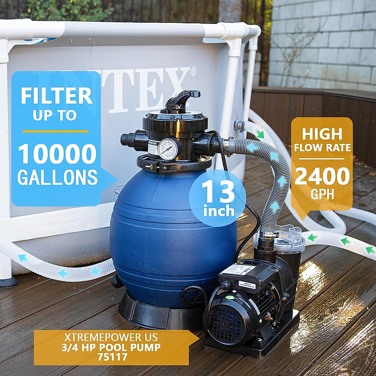 XtremepowerUS High-Flo Sand Filter Pump System 12" Filter Tank 10,000 Gallons for Above Ground Pool 3/4HP Pool Pump 2400GPH Flow
