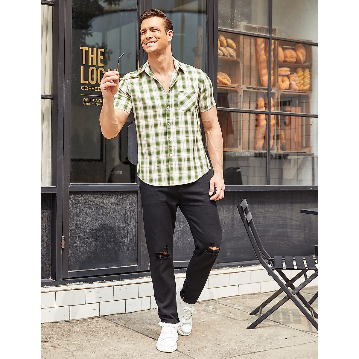 COOFANDY Men's Short Sleeve Plaid Dress Shirt Classic Fit Wrinkle-Free Casual Button Down Checked Shirts with Pocket Green, Large