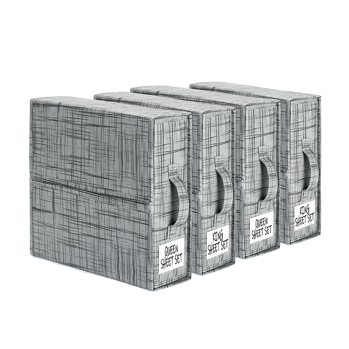 SheetCube 4 Pack Bed Sheet Organizers and Storage, Foldable Bedding Storage Box Container with Window and Label, Linen Closet Organizer Folder for Blanket, Duvet Cover Set, Bed Sheet Set - Grey