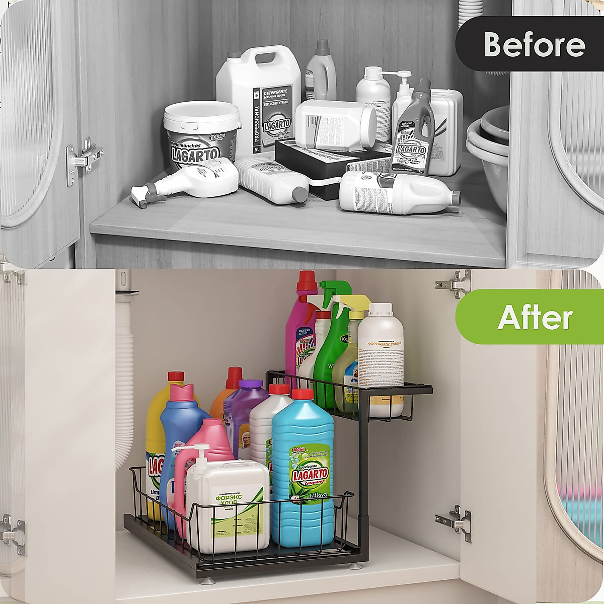 Hounyoln Under Sink Organizer and Storage,2-Tier Metals Kitchen Cabinet Organizer Pull-Out Sliding Cabinet Basket Storage Organization,for Kitchen/Bathroom/Laundry Space Saver