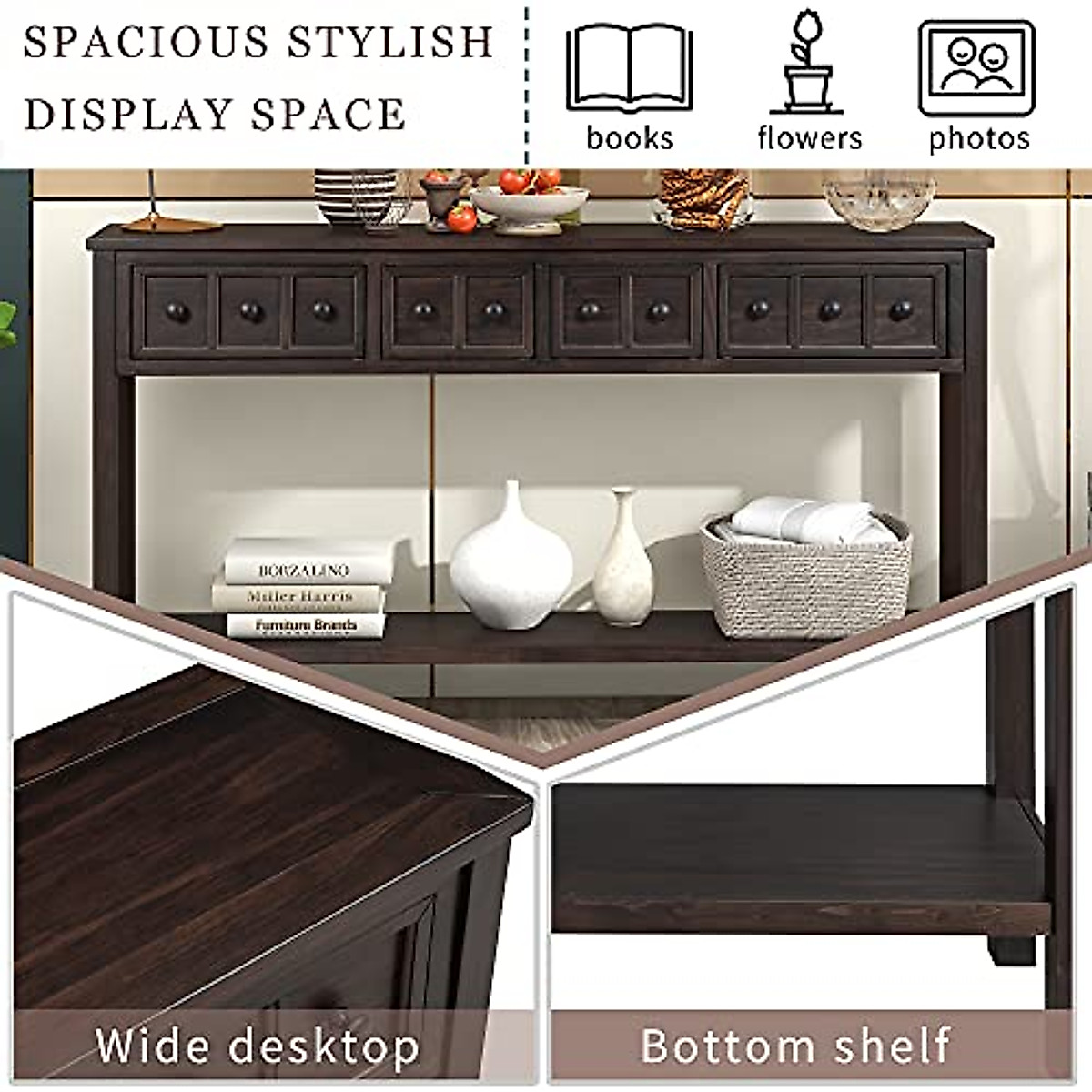 HABITRIO Antique Entry Console Table with Storage Drawers, 60" Long Sofa Table with Two Different Size Drawers and Bottom Shelf for Storage, Living Room Narrow Sofa Entry Table, Entryway (Espresso)