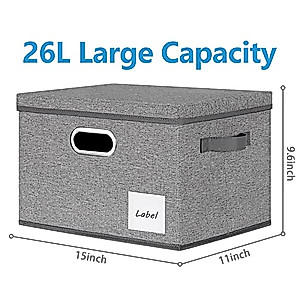 LHZK Large Storage Bins with Lids 6 Pack, Linen Fabric Storage Boxes with Lids, Foldable Storage Baskets with 3 Handles and Label Window for Shelves Bedroom Closet Office (15x11x9.6,Grey,Beige)