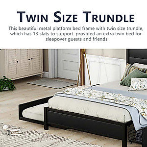 Altillo Queen Size Metal Platform Bed Frame with 2 Storage Drawers and Twin Size Trundle, Mattress Foundation with Tufted Headboard, No Box Spring Needed, Noise Free (Queen)