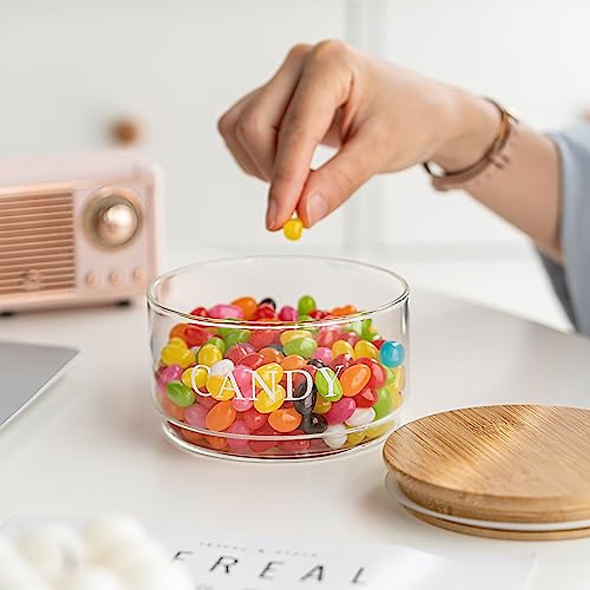 Glass Candy Dish with Bamboo Lid Small Candy Bowl Decorative Cookie Jar Clear Salad Bowl Buffet Storage Container for Home Kitchen Coffee Table Office Desk and Party Wedding ( Diameter: 4.33 Inch )