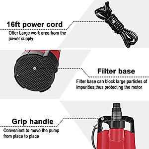 Water Pump Submersible Clean1580 GPH 1/4HP Diving Cleaning/Sewage Pump, Long 16 ft Cable with Handle, Pond, Swimming Pool, Garden, Flooded Cellar and Plant Irrigation, Clean water Pump by Excited Work