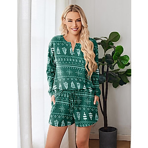 Ekouaer Pajama Set for Women Waffle Knit Lounge Sets Long Sleeve Top and Shorts Matching Loungewear,Christmas Green,L