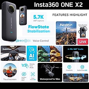 Insta360 ONE X2 360 Camera with Touchscreen - 5.7K30 360 Video, Front Steady Cam Mode, 18MP 360 Photo + InstaPano | Bundle Includes Bullet Time Kit & 128GB Memory Card (3 Items)