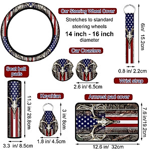 10 Pcs American Flag Wood Deer Skull Camo Car Accessories Set 4th of July Patriotic Car Seat Covers Steering Wheel Cover Keyring Car Cup Holder Armrest Pad Seat Belt Pads Wrist Strap for SUV Truck