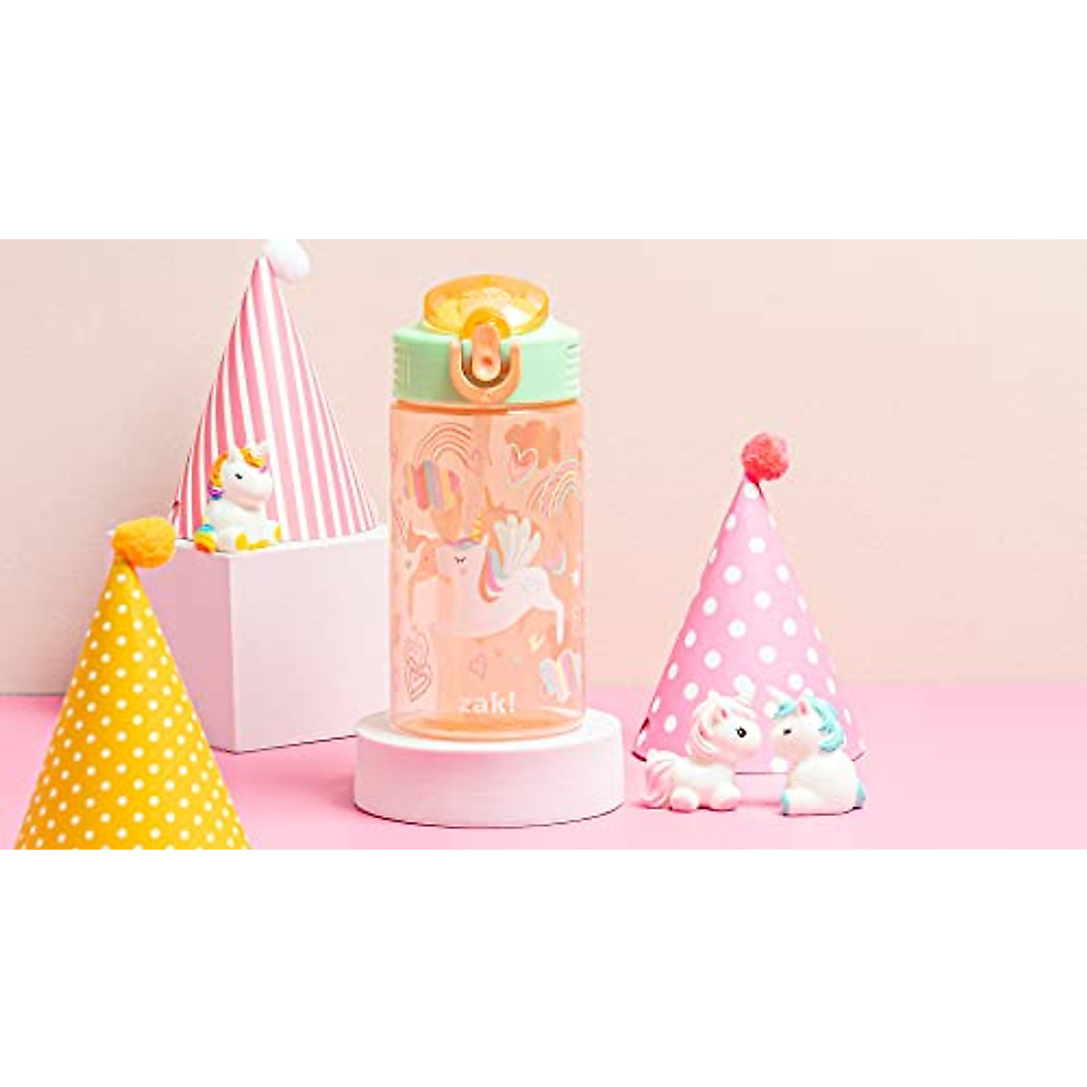 Zak Designs Kids Water Bottle For School or Travel, 16oz Durable Plastic Water Bottle With Straw, Handle, and Leak-Proof, Pop-Up Spout Cover (Unicorn)