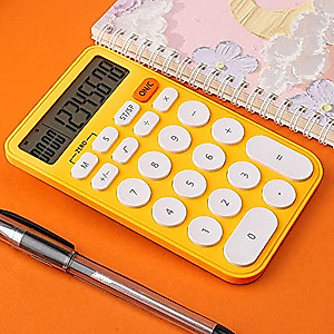 VEWINGL Standard Calculator 12 Digit,with Timers and Alarm Clock,Calculator with Large LCD Display for Office,School,Home & Business Use,Automatic Sleep,with Battery(Yellow)