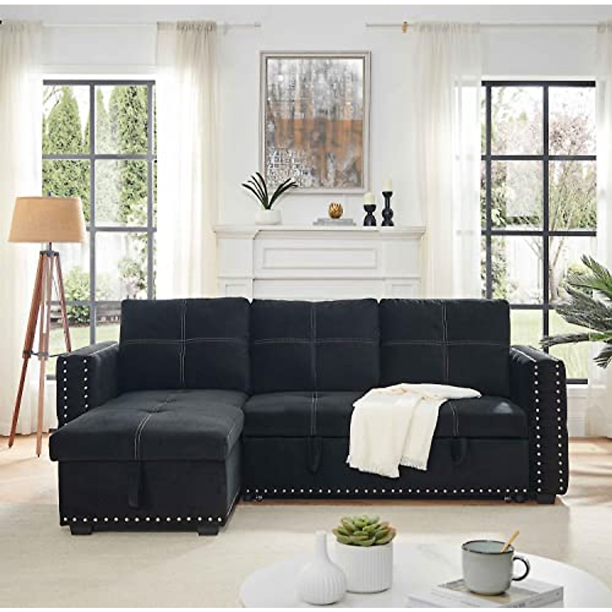ATY L-Shaped Sectional Sofa with Reversible Storage Chaise & Pulled Out Couch Bed, Living Room Home Furniture 4-Seater w/Copper Nail for Office, Black