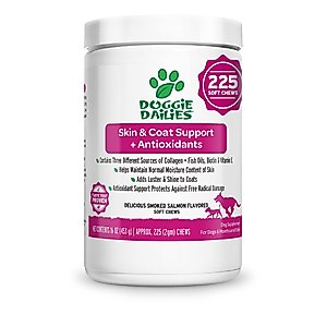 Doggie Dailies Skin & Coat Supplement + Antioxidant Support, 225 Soft Chews, Salmon Oil for Dogs Skin and Coat with Collagen, Omega 3, Krill Oil, Biotin, & Coconut Oil for Dogs (Salmon)