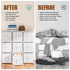 LUKYTOWER 9 Cube Storage Organizer with Printed Drawers, Toy Cubby Storage for Closet, Living Room, Dorm - White