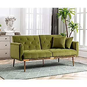 Antetek Velvet Futon Sofa Bed with 3 Adjustable Positions, Small Sleeper Sofa Loveseat with 2 Decorative Pillows, Modern Upholstered Convertible Couch with 5 Metal Tapered Legs (Olive Green)