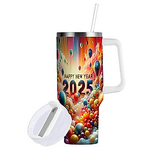 ODAWA New Year Balloons Water Tumbler with Handle and Straw Lid Insulated Coffee Cups 40 Oz Stainless Steel Tumblers