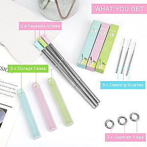 FYY Reusable Straws with Case - 3 Pack Collapsible Stainless Steel Travel Straws with Cleaning Brush & Silicone Tips Portable Cruise Ship Essentials Telescopic Drinking Straws with Keychain Ring 3P1