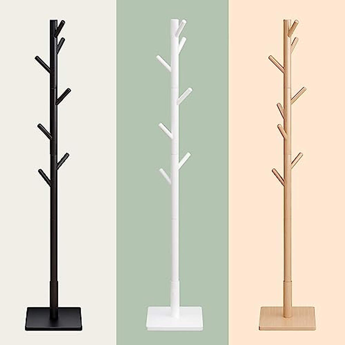 JOISCOPE Wooden Coat Rack Freestanding, Sturdy Coat Tree with 3 Adjustable Sizes, 8 Hooks and Easy to Assemble Coat Hanger for Coats, Hats, Scarves, Clothes and Handbags，Square(Black)