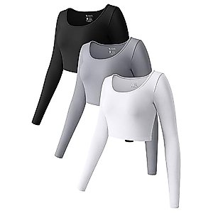 OQQ Women's 3 Piece Shirt Long Sleeve Round Neck Stretch Fitted Underscrubs Layer Crop, Black,grey,white, Medium