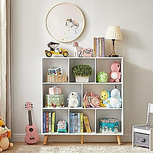 3-Tier Bookshelf, 8-Section Wooden Bookcase, Storage Organizer with Pine Legs, Modern Storage Display Cabinet for Living Room, Classroom, Kid’s Room (White)