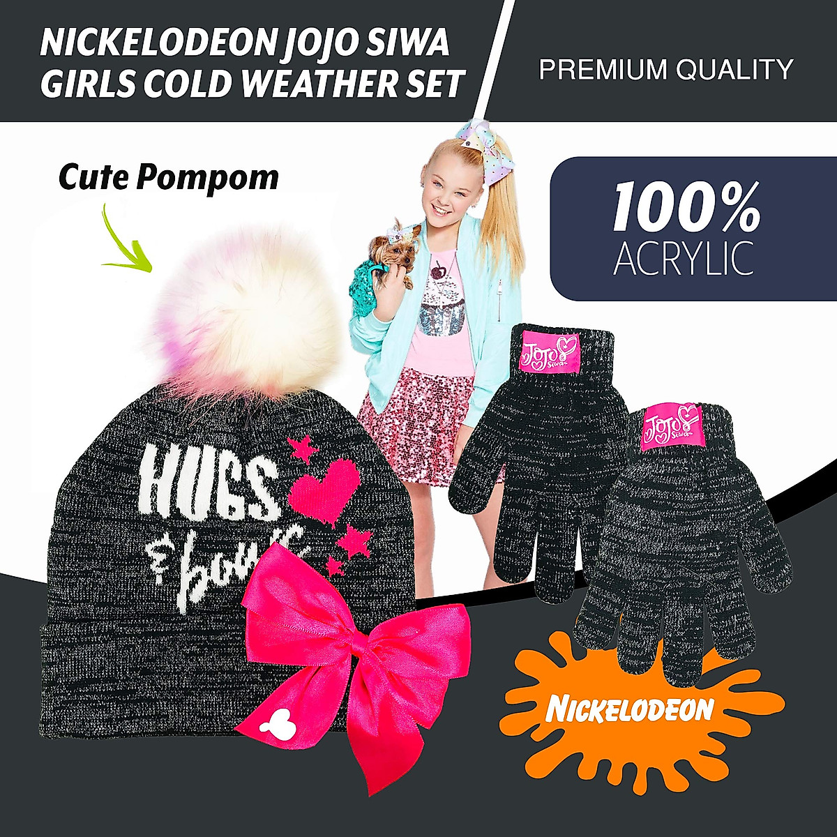 Nickelodeon JoJo Siwa Hugs & Bows Girls Winter Hat and Gloves Cold Weather Set, Age 4-7