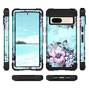 Uamark for Google Pixel 7 Case,Three Layer Heavy Duty Shockproof Full Body Protective with 2 Tempered Glass Screen Protector + 2 Camera Lens Protector Case for Google Pixel 7 5G(2022),Blue Flower