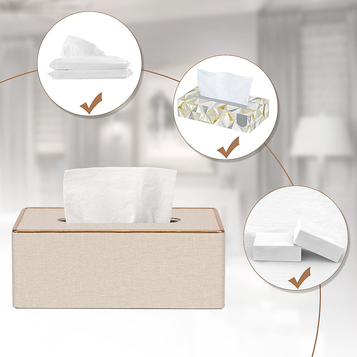PU Leather Tissue Box Cover Holder - Rectangular Kleenex Box Covers for Home/Office/Car Decoration - 9.84"X5.23"X3.77" - Beige