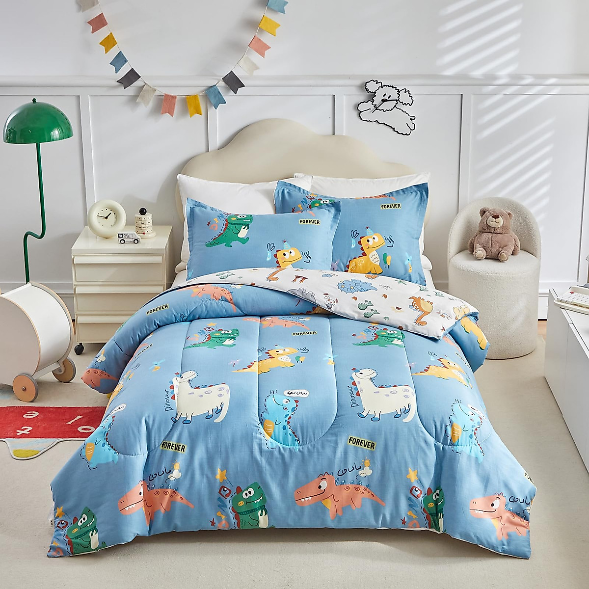 Kids Cotton Comforter Set for Boys Girls Reversible Car Bus Style White 3 PC Bedding Set with Blue Yellow Green Cars Colorful Teens Comforter with Pillow Shams Full Queen 88x88