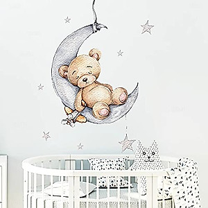 Teddy Bear Sleeping on The Moon and Stars Wall Stickers for Kids Baby Room Interior Decoration Wall Decals (Teddy Bear)
