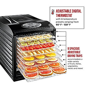 Chefman 9-Tray Food Dehydrator Machine Professional Electric Multi-Tier Food Preserver, Dried Meat or Beef Jerky Maker, Fruit & Vegetable Dryer with 9 Slide Out Trays & Transparent Door, Black