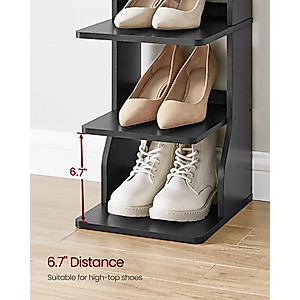 VASAGLE 7 Tier Vertical Shoe Rack, Narrow Shoe Storage Organizer with Hooks, Slim Wooden Corner Shoe Tower Rack, Robust and Durable, Space Saving for Entryway and Bedroom, Black ULBS200T16