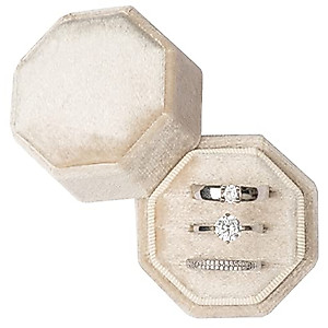 Equal Octagon Velvet Ring Box Storage 3 Slots for Wedding Ceremony Proposal Engagement Birthday Gift (Beige)