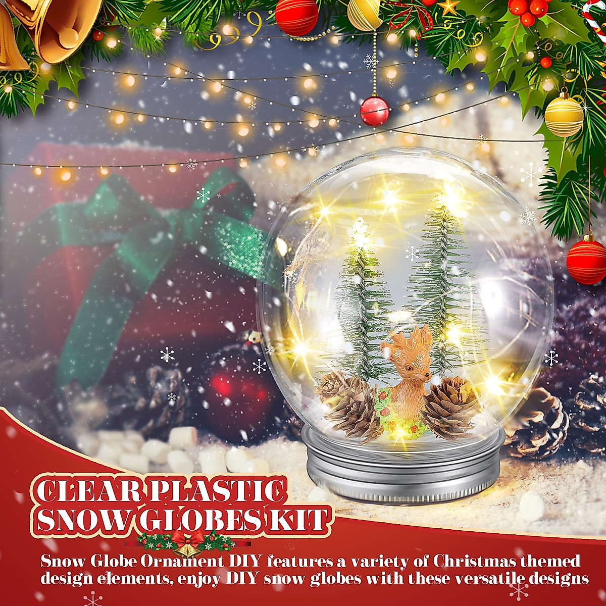 Liliful 16 Pack Christmas DIY Snow Globe Kit Including 3.58 Inch LED Plastic Snow Globe with Screw Off Cap Artificial Mini Christmas Tree Snowman Santa Deer Pine Cones and Lights