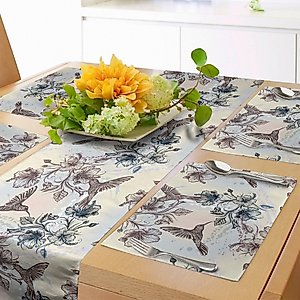Ambesonne Hummingbird Table Runner & Placemats, Birds and Hibiscus Flowers Nostalgia Antique Design Classical Print, Set for Dining Table Decor, Placemat 4 pcs + Runner 16"x72", Teal Brown