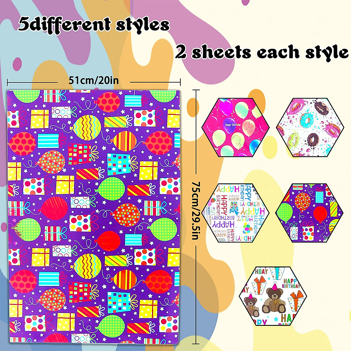 YZL Cartoon Gift Wrapping Paper Set Happy Birthday Gift Wrapping Papers, Cute Wrap Papers for Birthday, Baby Showers, 10 Folded Sheets with 5 Patterns, 20 x 29.5 inch Per Sheet