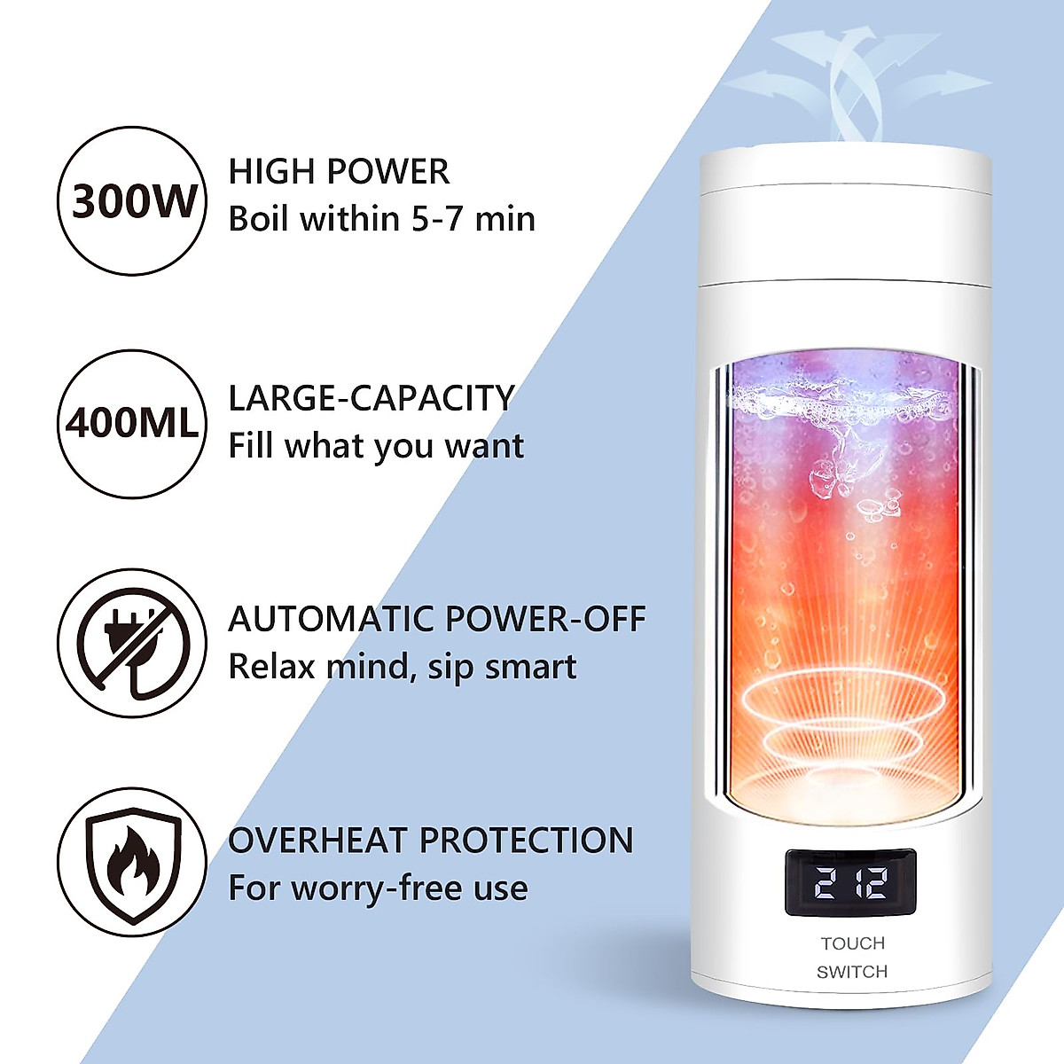 GRACEALL Portable Electric Kettle 400ML - Compact Travel Water Boiler Small Electric Thermos for Boiling Water, Camping Water Heater Personal Tea Maker with Temperature Display