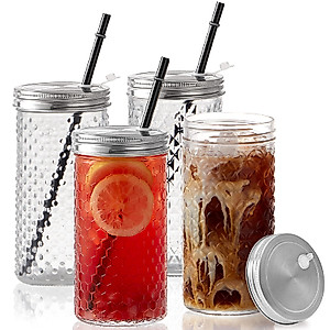 4Pack Glass Tumblers with Stainless Steel Lids and Straws, 24 OZ Wide Mouth Mason Jar Drinking Glasses for Iced Coffee/Tea, Juices and Cocktail, Travel Glass Bottles with Varitey of Patterns