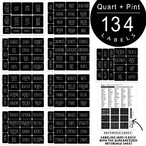 QUART + PINT 134 Kitchen Pantry Labels for Containers. Preprinted Retro Handwritten Style. Black Matte Sticker White Text. Waterproof Stickers. Organization Labels for Jars Canisters & Storage Bins.