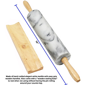 Greenco Hand Crafted Nonstick Marble Rolling Pin with Wood Handles on Wooden Board Resting Base | Dough, Pastry, Bread, Tortilla, and Pizza Roller Pins | Baking and Kitchen Supplies