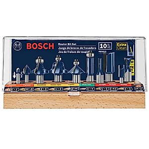BOSCH RBS010 10-Piece 1/2 In. and 1/4 In. Shank Carbide-Tipped All-Purpose Professional Router Bits Assorted Set with Case for Applications in Straight, Trimming, Decorative Edging, Dovetail Joinery