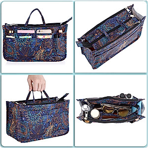 BTSKY Printing Handbag Organizers Inside Purse Insert - High Capacity 13 Pockets Bag Tote Organizer with Handle(Blue Lotus)